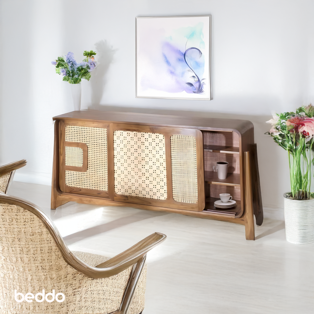 Teak Wood And Wicker Sideboard - Beddo